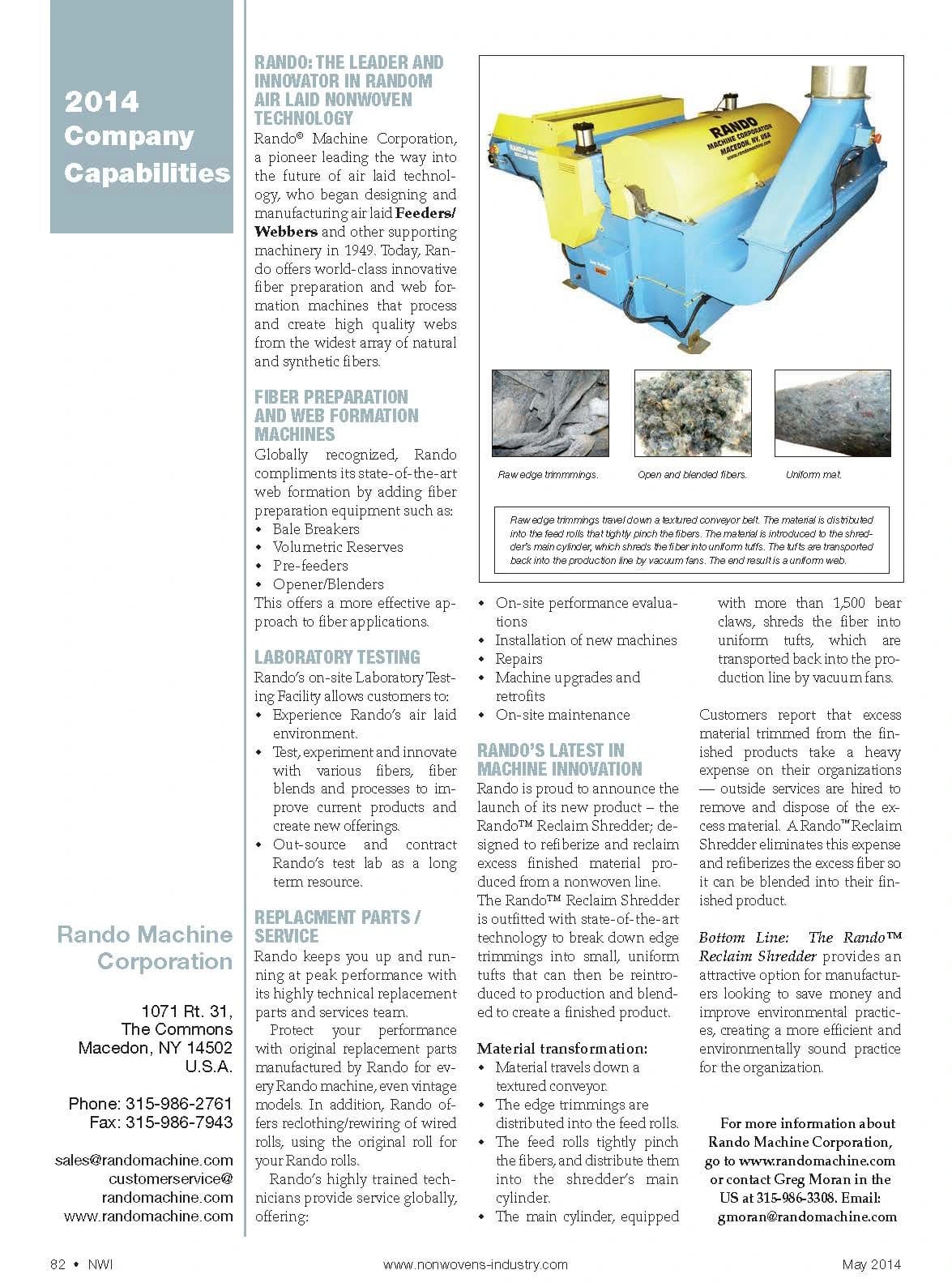 THE LEADER AND INNOVATOR IN RANDOM AIR LAID NONWOVEN TECHNOLOGY - Rando